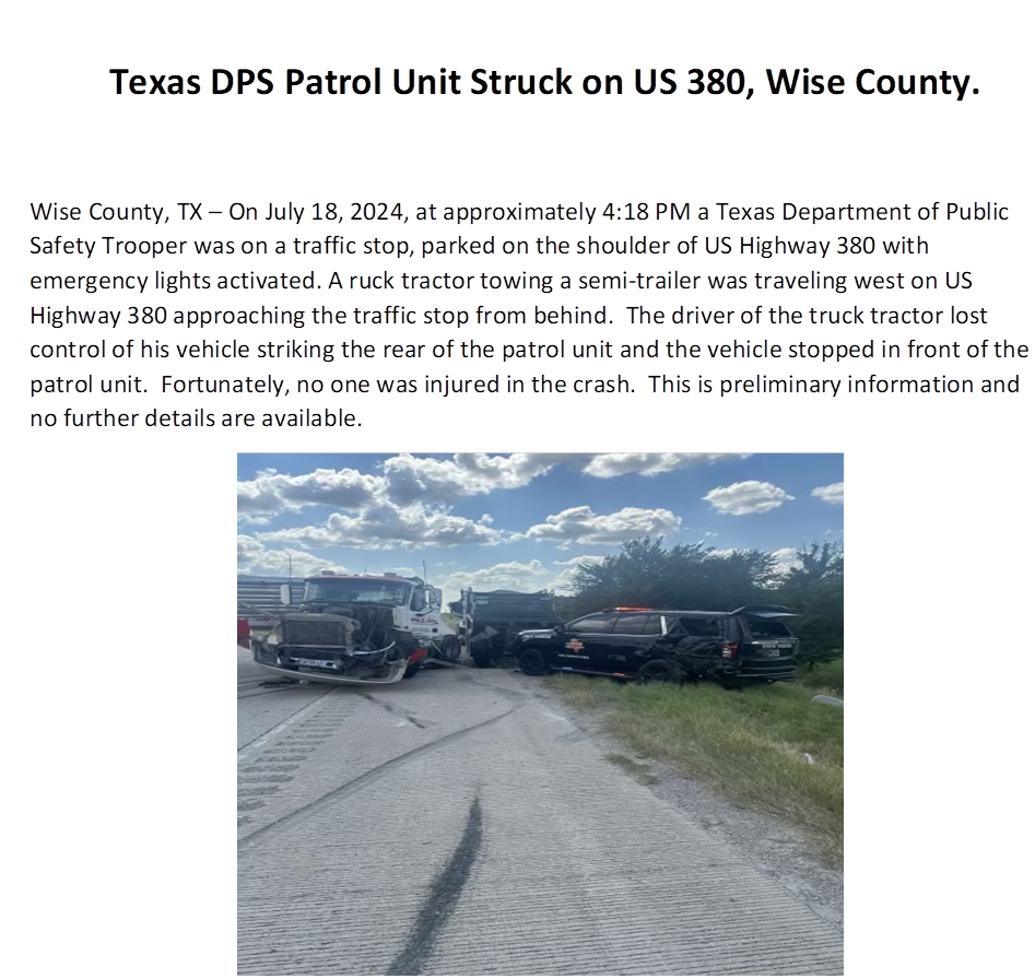 DPS Patrol Unit struck in Wise County – The Gilmer Mirror